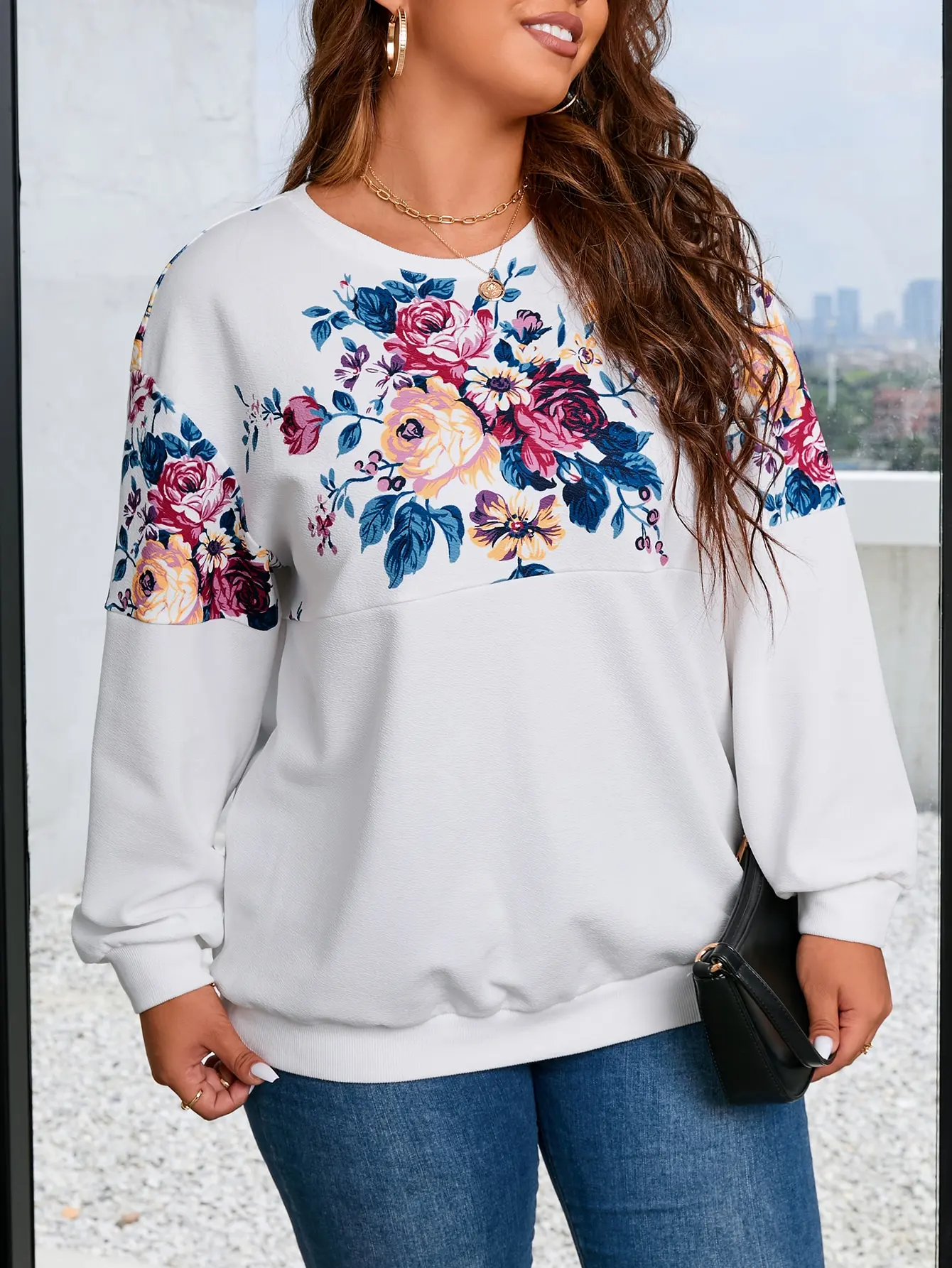 Finjani-Plus-Size-Sweatshirts-Floral-Print-Drop-Shoulder-Hoodie-Autumn ...