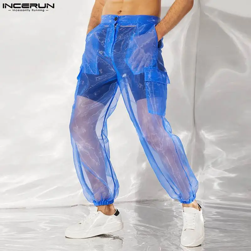INCERUN-Men-Pants-Mesh-Button-Solid-Color-2024-Sexy-Vacation-See ...