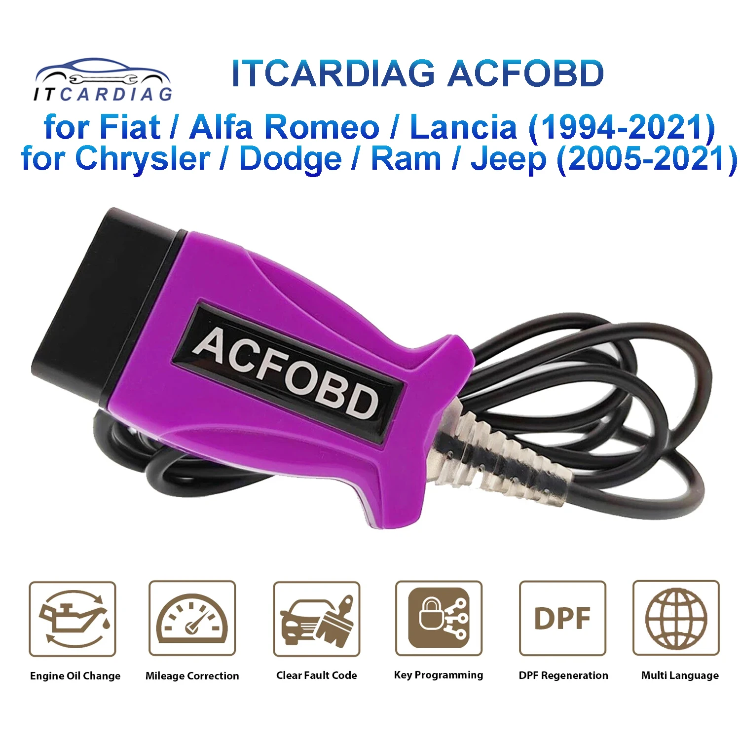 ITCARDIAG ACFOBD OBD2 Scanner Cable for Fiat/Alfa Romeo/Lancia/Chrysler ...