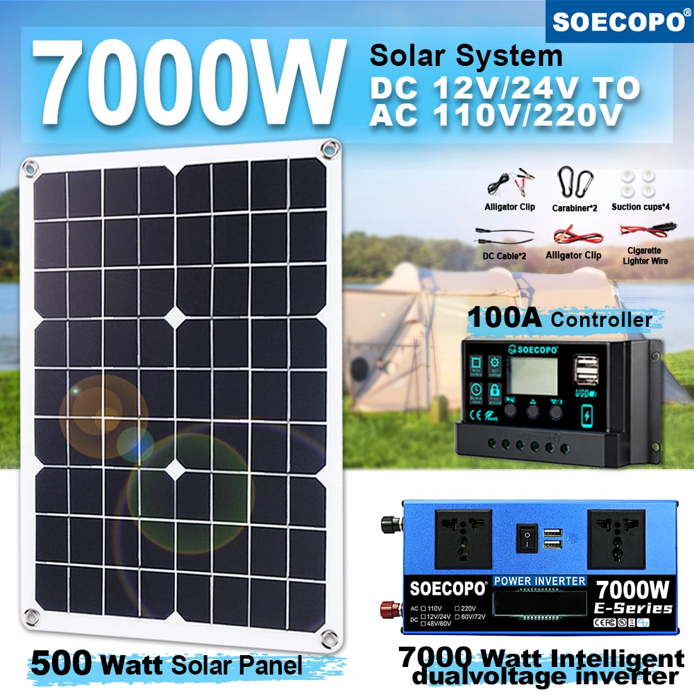 7000W Home/Camping Backup Solar System Complete Kit 12V/24V To 110V ...