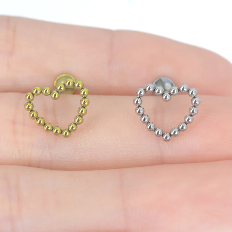 1 piezas g23 titanium anodizado y corazón labret stud piercing labio anillo tragus pendiente ...