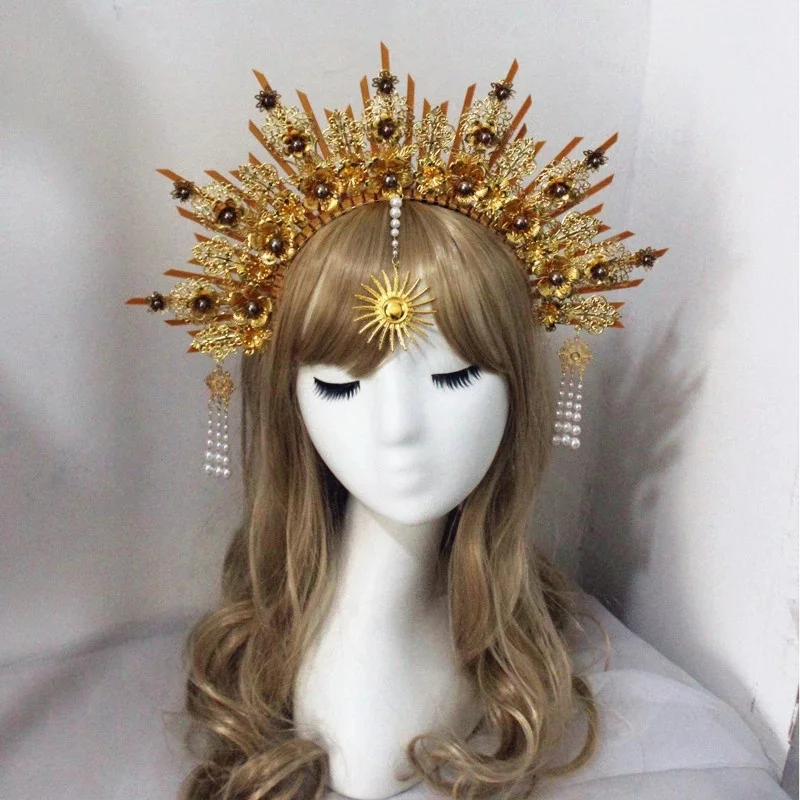Goddess-Met-Gala-Halo-Crown-Mary-Headpiece-Gold-Sunburst-Celestial-Pregnancy-Maternity-Headpiece ...