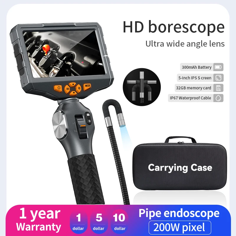 Articulating Borescope, 6.2mm HD 5" IPS 180 Degree Rotation Borescope ...