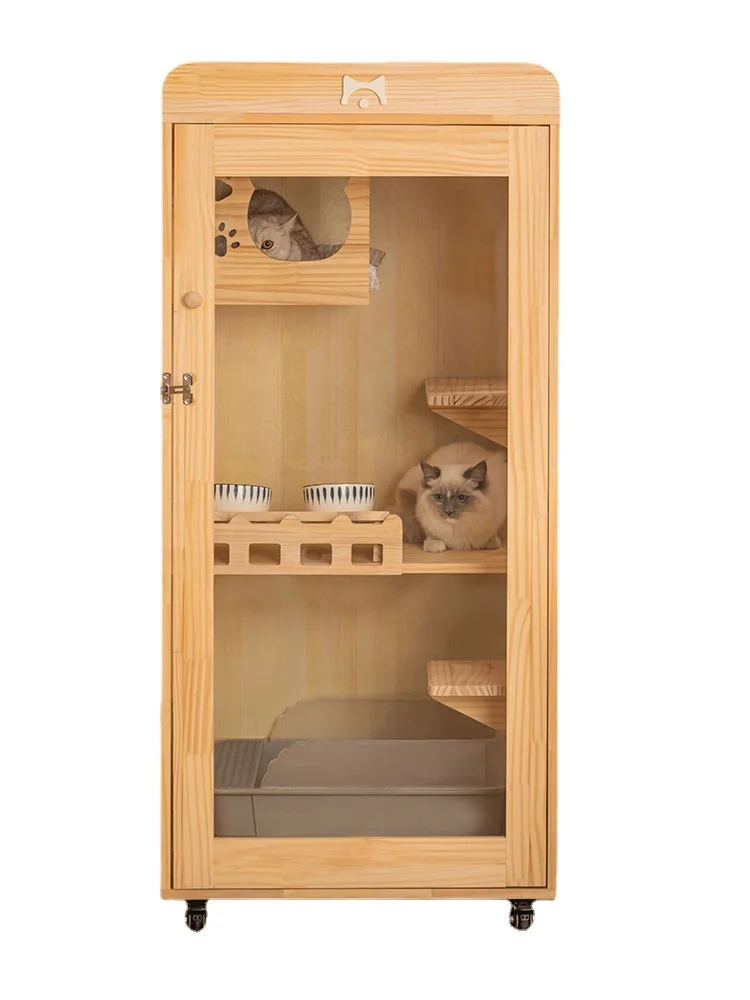 Yy Solid Wood Cat Villa Cat Cage Small With Toilet Integrated Two ...