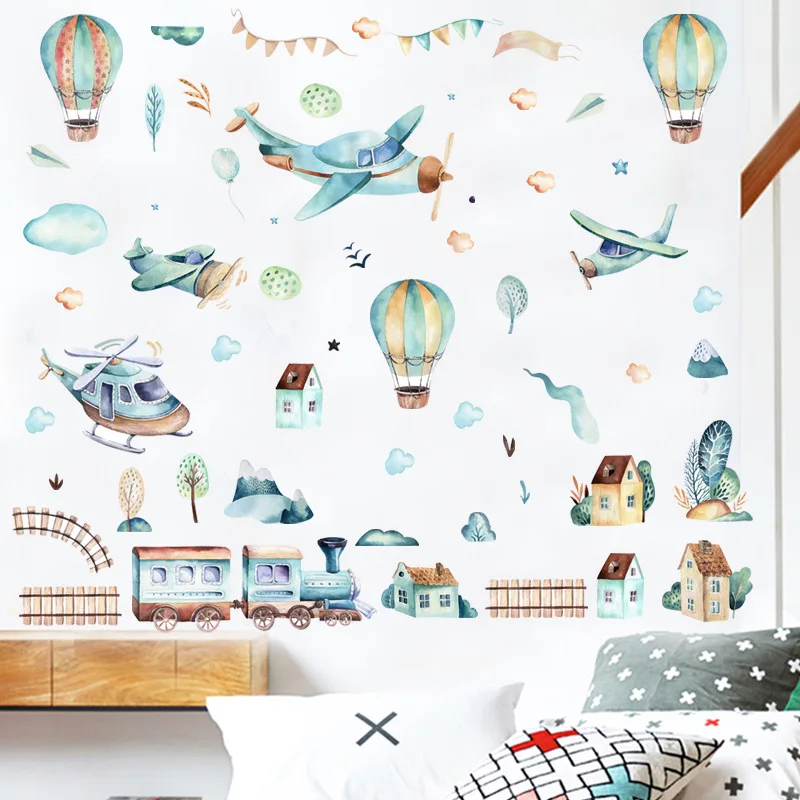 Watercolor Animals Hot Air Balloon Clouds Wall Stickers Blue Color for ...