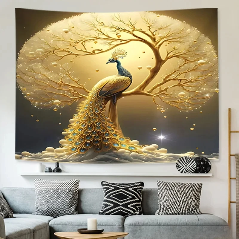 Home Decor Golden Peacock Money Tree Tapestry Polyester Wall Hanging ...