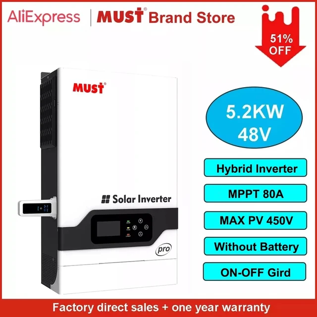 MUST PH1800 Pro 5.2KW 48V Pure Sine Wave Hybrid Solar Inverter PV 450V ...