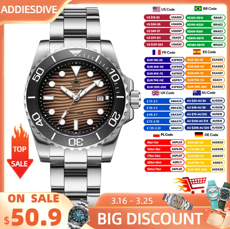 ADDIESDIVE Men Watch 41mm Diver Quartz Watch Sand Dial Top Brand 200m ...