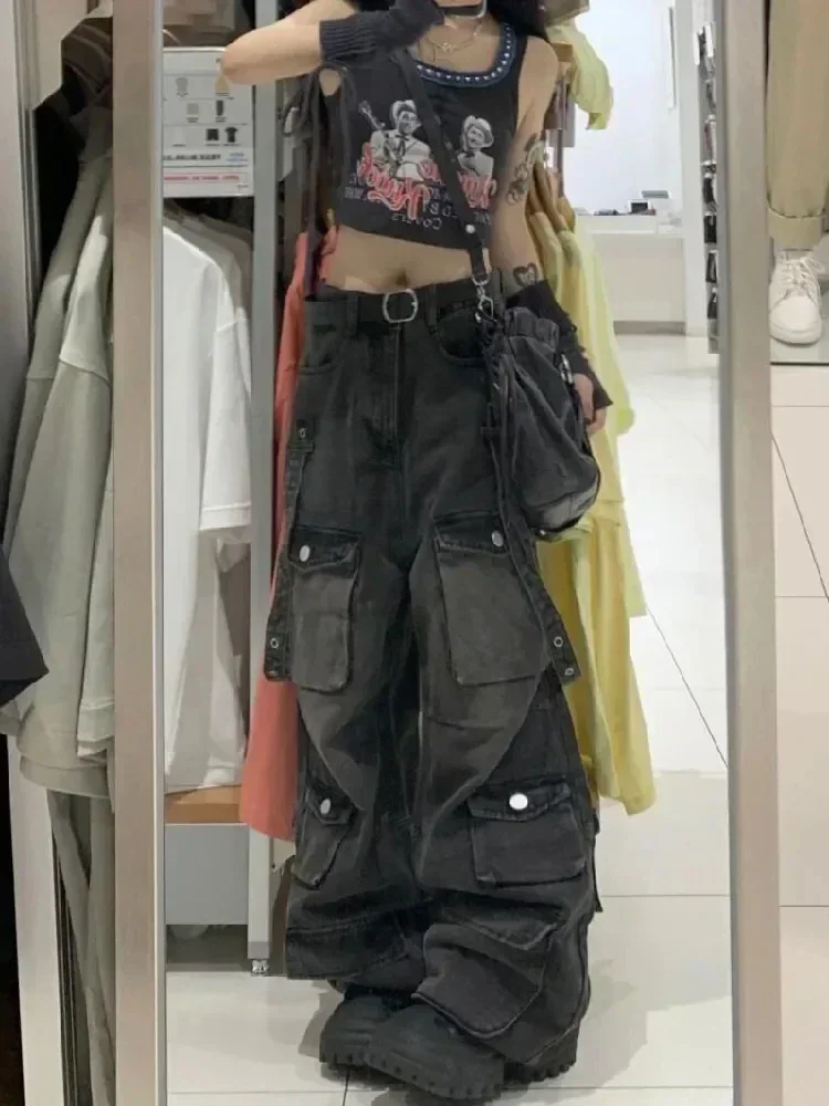 Y2K-Emo-coreano-para-mujer-ropa-de-calle-Vintage-negra-pantalones-Cargo ...