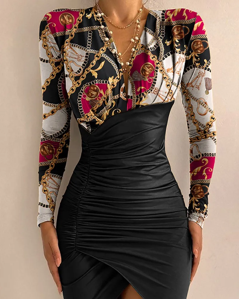 Printed V Neck Pleated Tunic Slit Irregular Sexy Party Bodysuit Dress
