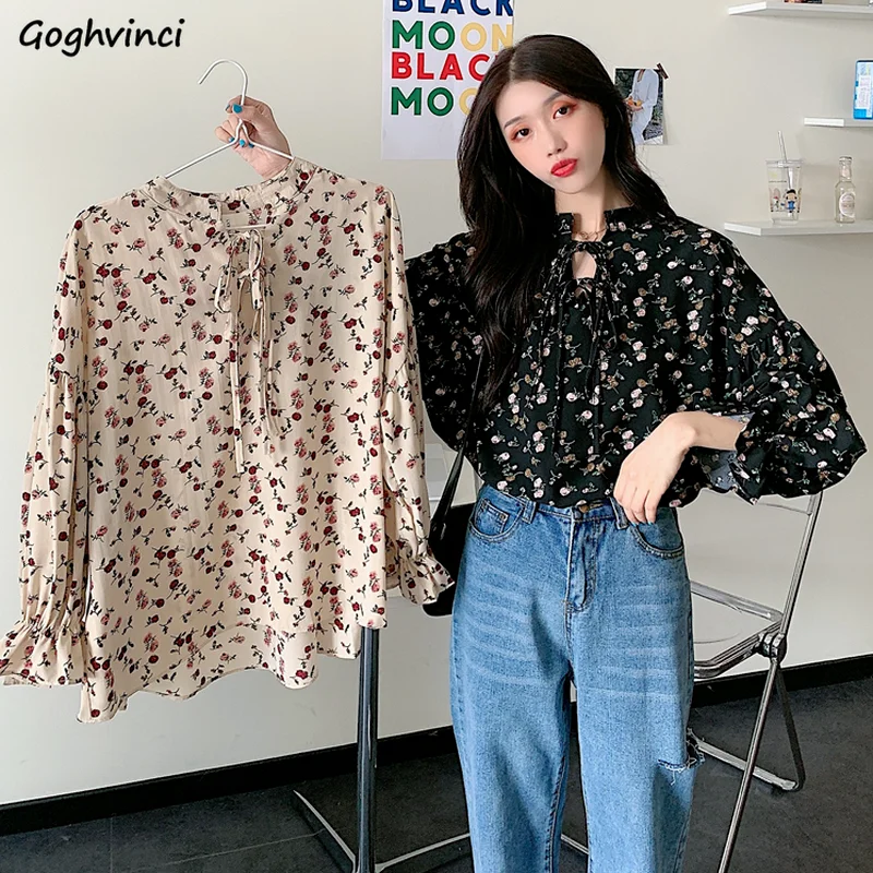 여성용 플로럴 캐주얼 블라우스 퍼프 슬리브 시크한 패션 기본 스트리트웨어 스위트 스탠드 칼라 얼짱 우아한 여성