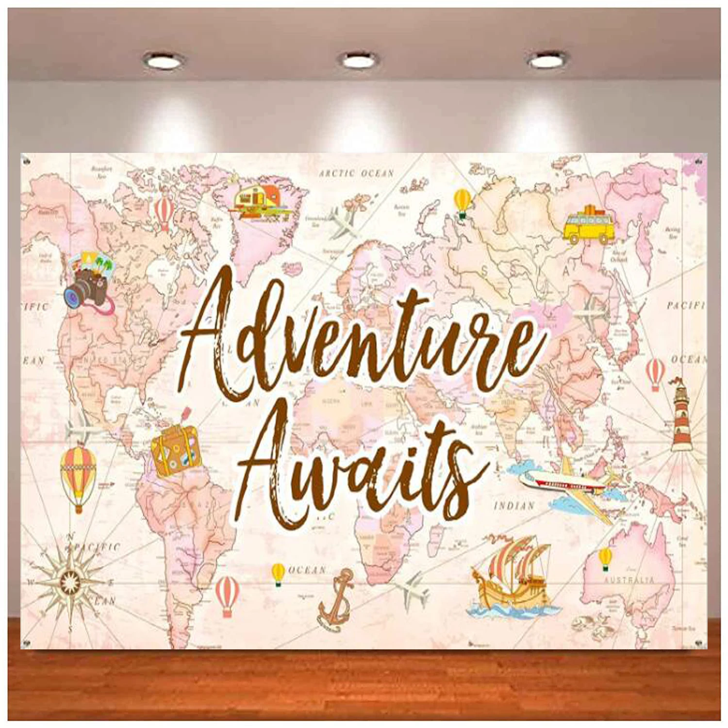 Travel-Themed-Decor-Supplies-Awaits-Bon-Voyage-Pink-Backdrop-Adventure ...