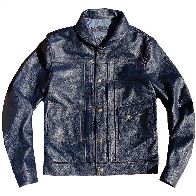 Genuine Leather Jacket For Men Cowhide Slim Fit Embroidery Blue Ranch ...