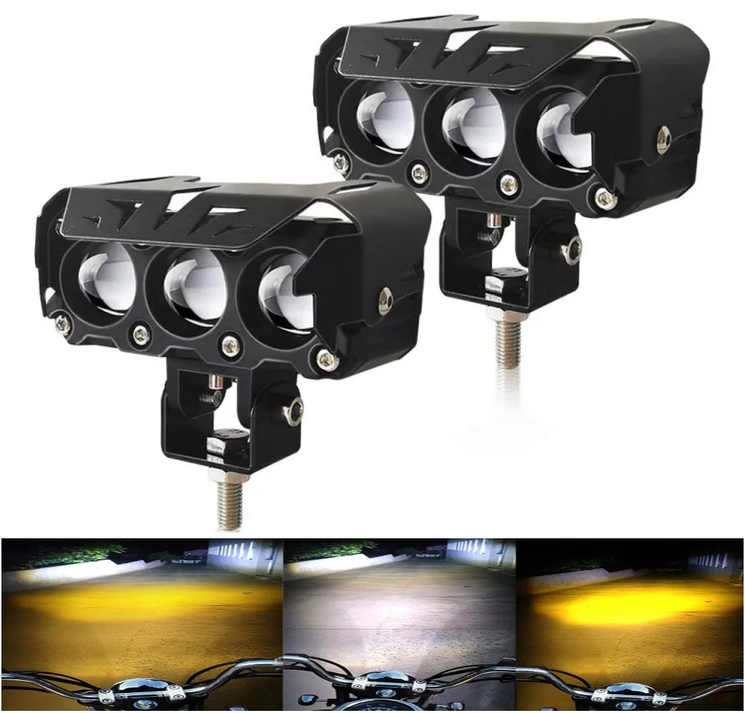 3-Lens-Motorcycle-Headlight-LED-Work-Light-3Colors-Beam-Spotlight ...