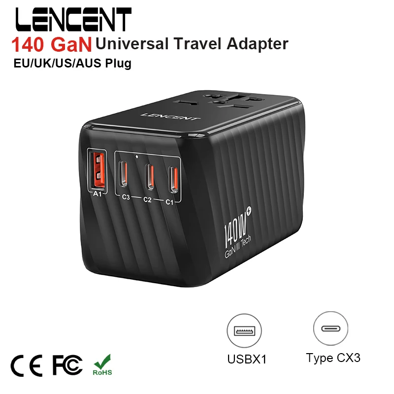LENCENT 140W GaN Universal Travel Adapter with 1USB-A Ports 3 Type C ...