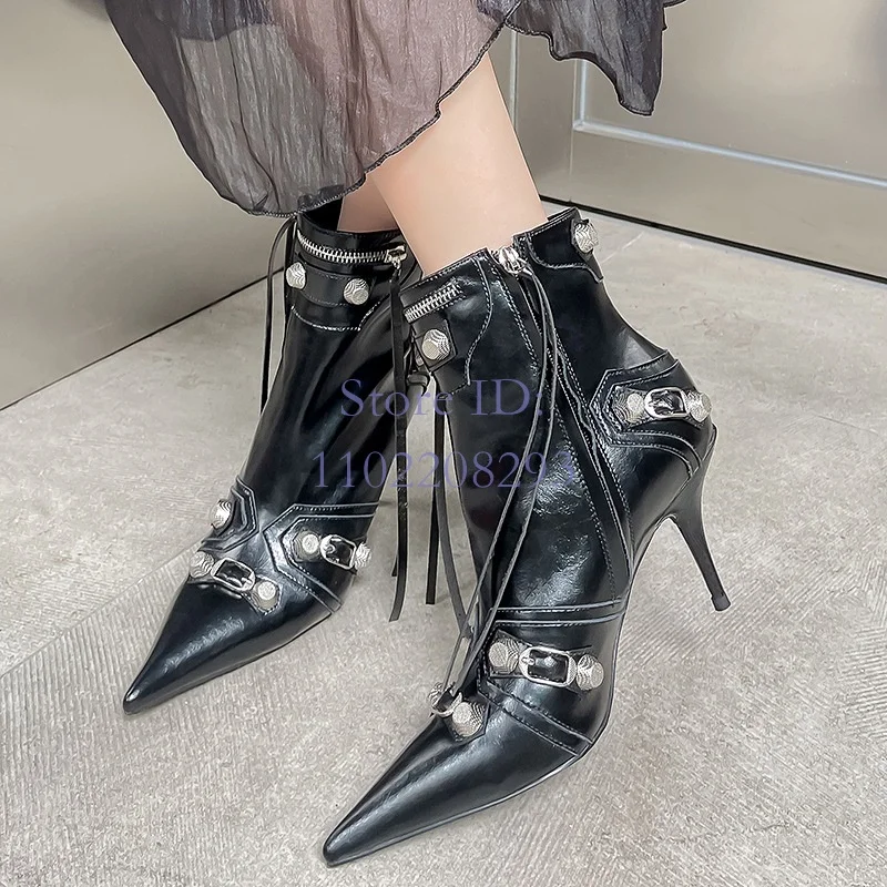 Pointed-Sewing-Rivet-Leather-Patchwork-Boots-High-Heel-Slip-on-Zipper ...