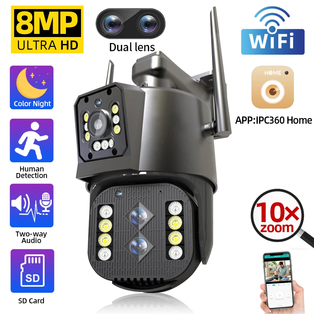 Color 8MP 4K IP Camera Outdoor WiFi PTZ Three Lens Dual Screens 10X ...