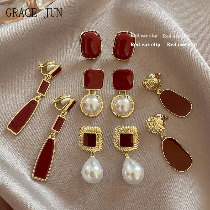 GRACE JUN Vintage Fashion Women's Clip on Earrings No Pierced Red ...