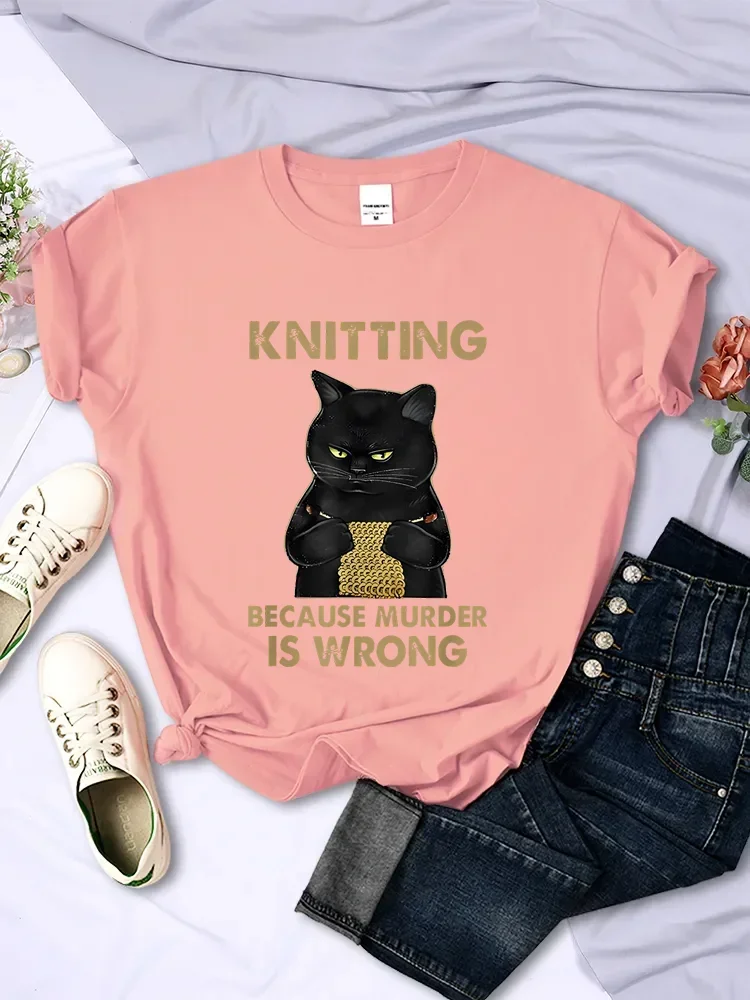 Knitting-Because-Murder-Is-Wrong-T-Shirt-for-Women-Personality-Casual ...