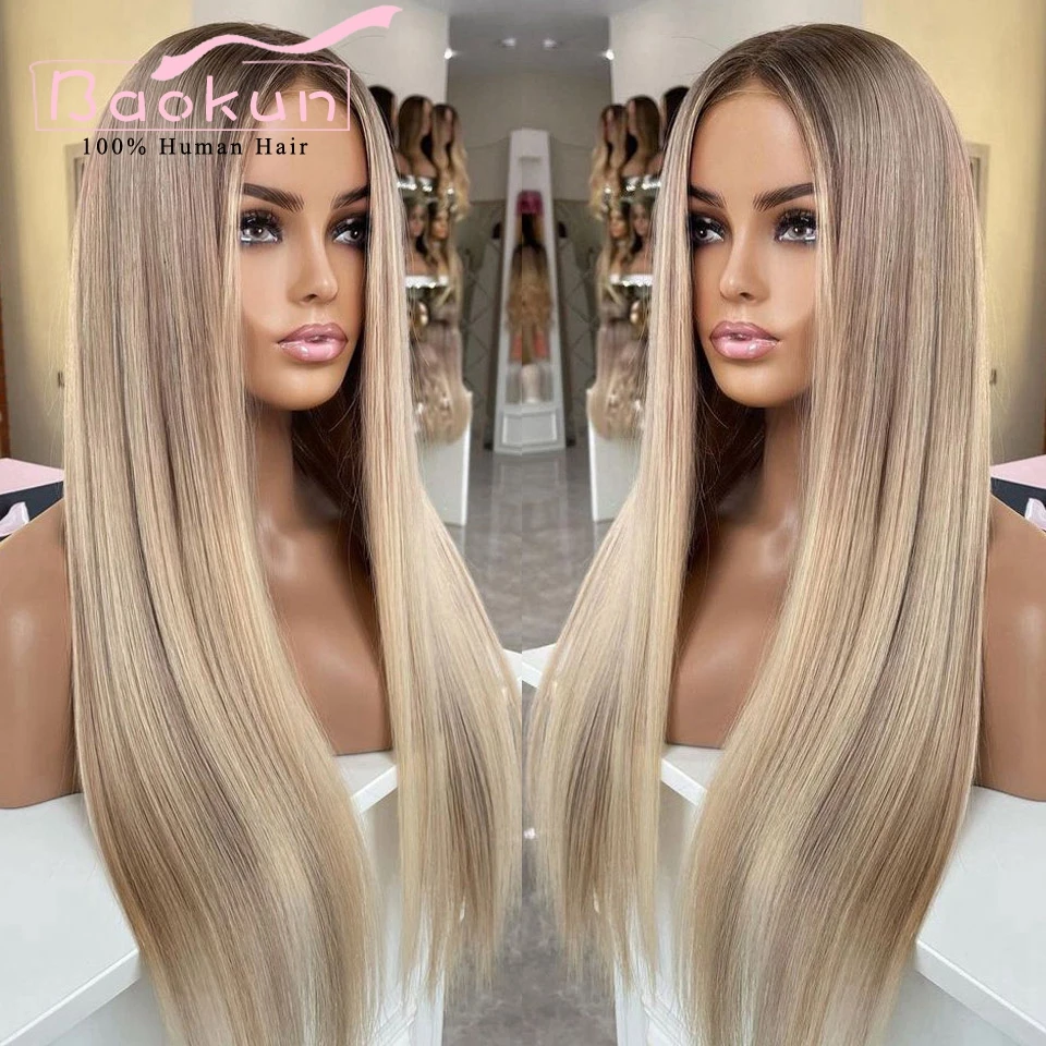 13x6 Ash Blonde Highlight Wig Human Hair 360 HD Lace Frontal Wig Pre ...