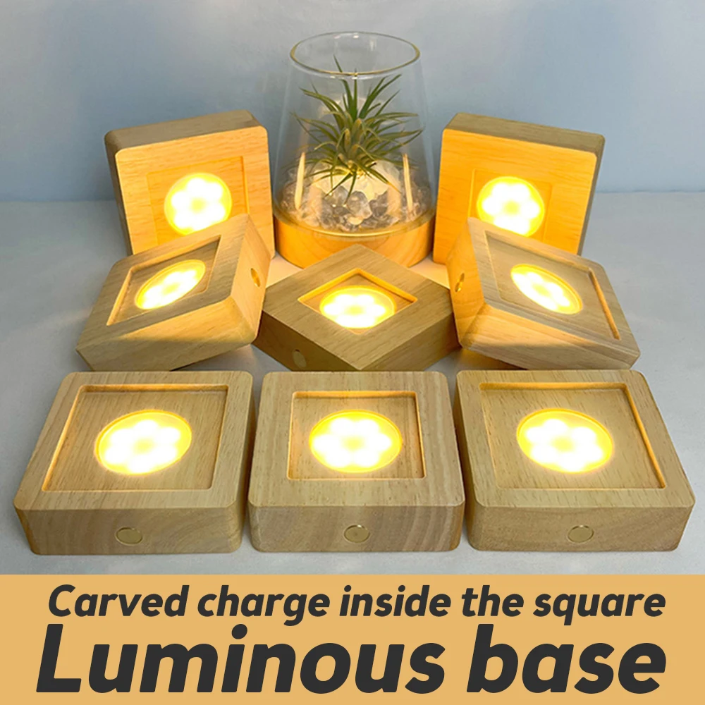 Wooden-LED-Light-Dispaly-Base-Crystal-Glass-Resin-Art-Ornament-Wooden ...