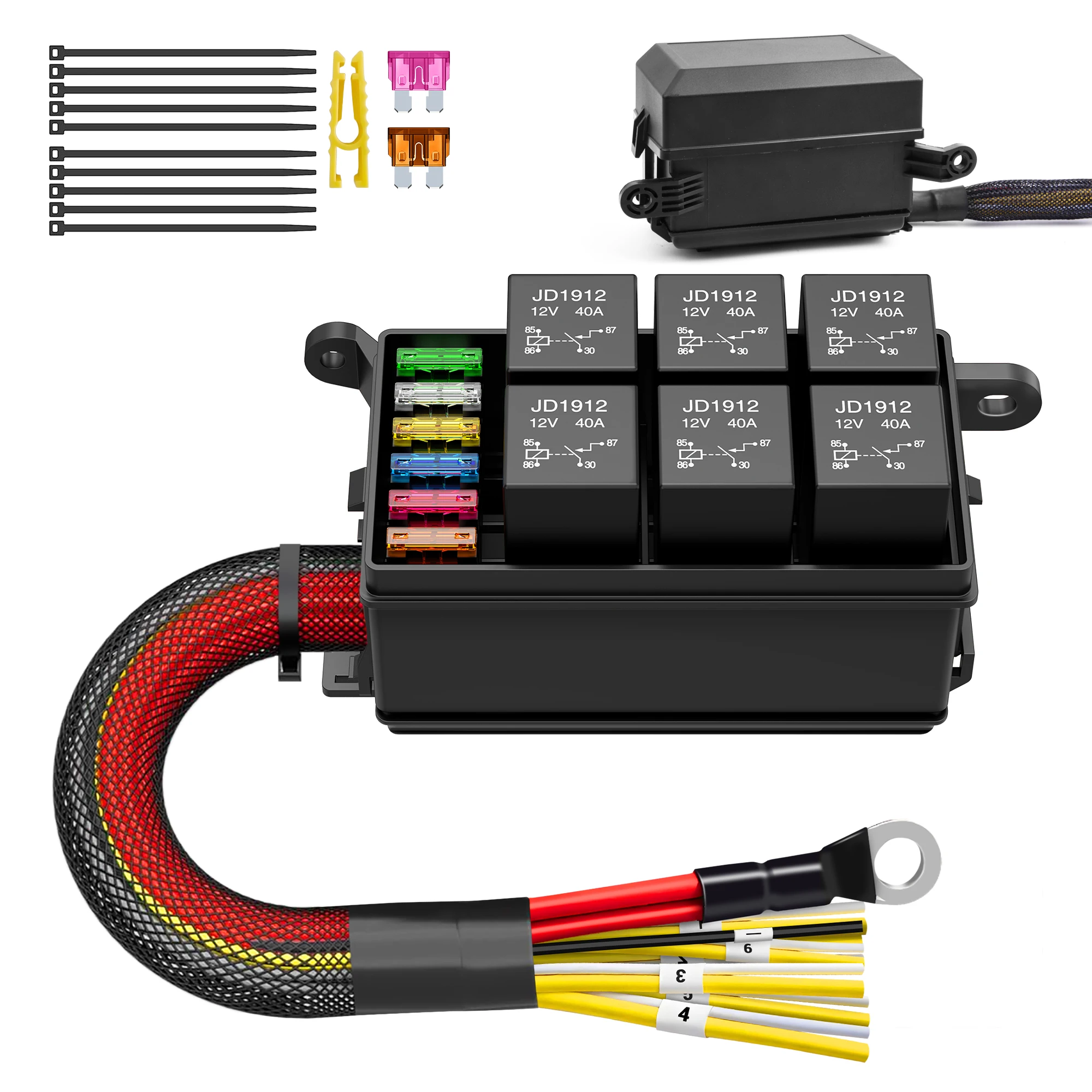 MICTUNING 12V Fuse Relay Box,6 Way Pre-Wired 4-Pin 40A Relays,ATC/ATO ...