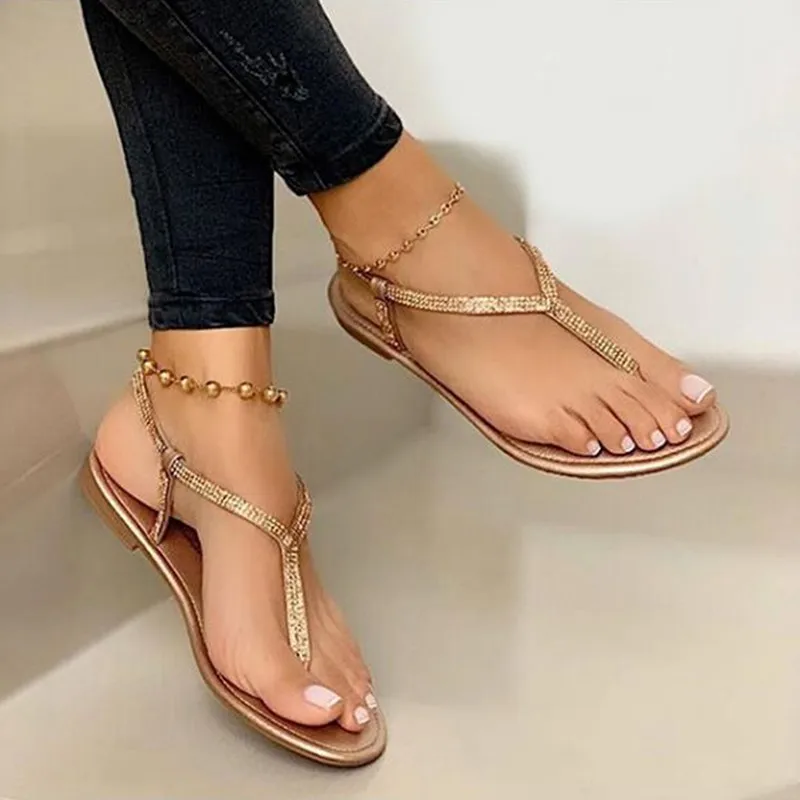 Sandalias planas con correa tipo T y diamantes de imitación para mujer ...
