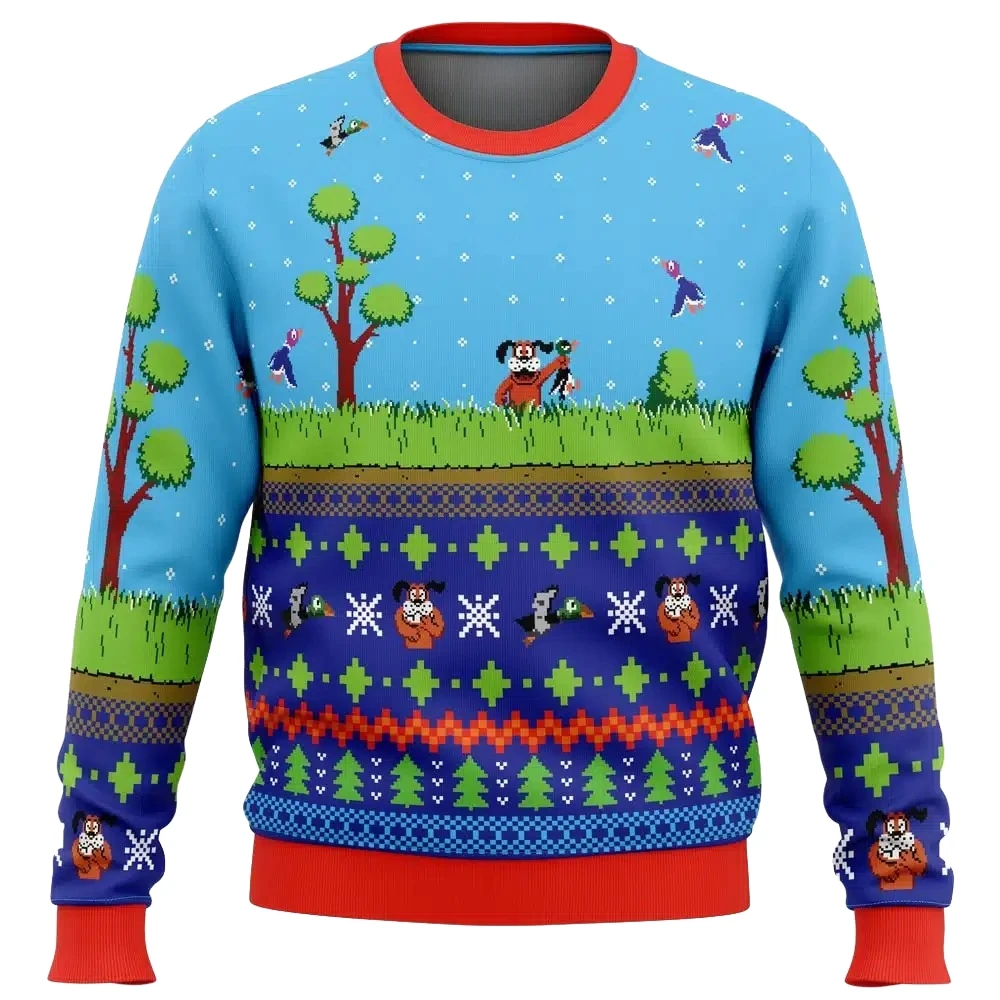Festive Duck Hunt Mens Crew Neck Ugly Christmas Sweatshirt Soft Comfy