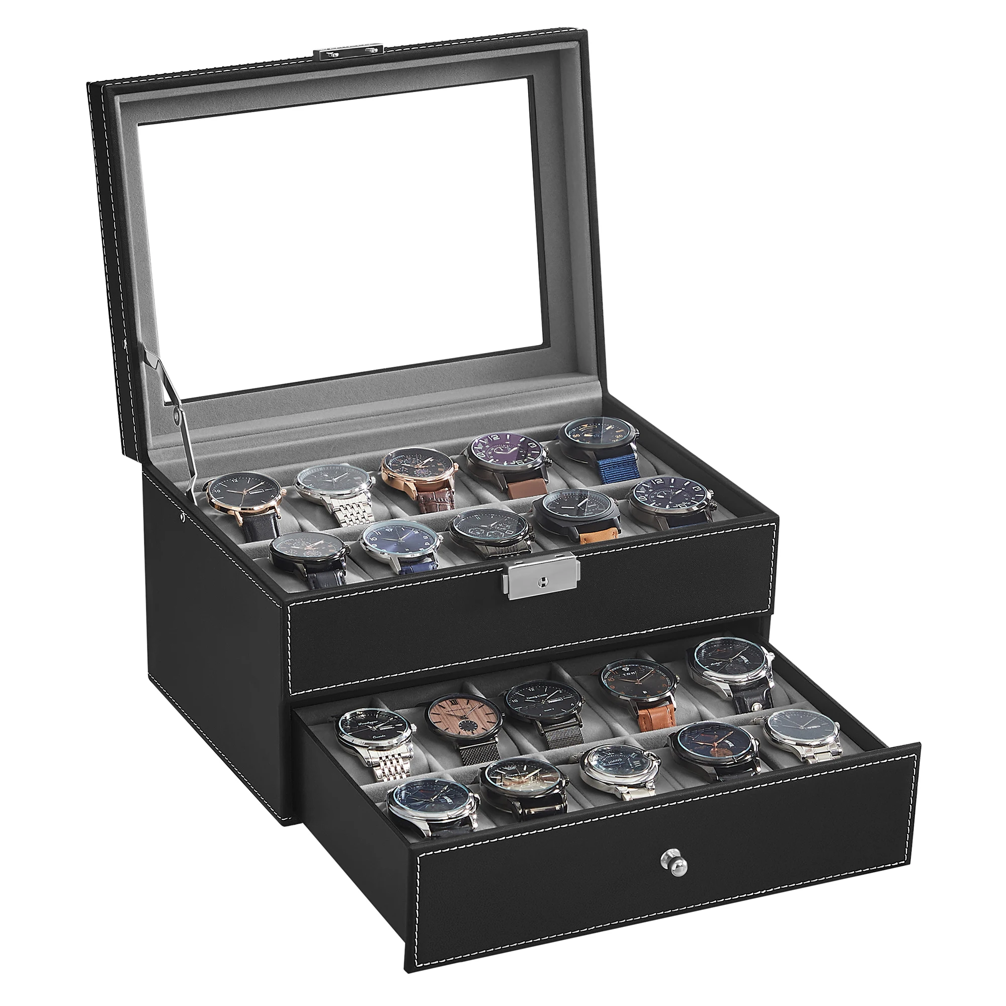 SONGMICSHOME Watch Box Black Synthetic Leather 20-Slot Watch Case with ...