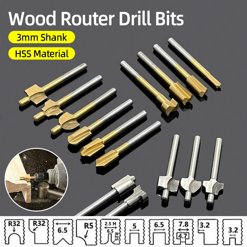 10Pcs Set 1/8" 3mm HSS Titanium Router Bits Wood Cutter Milling Fits ...