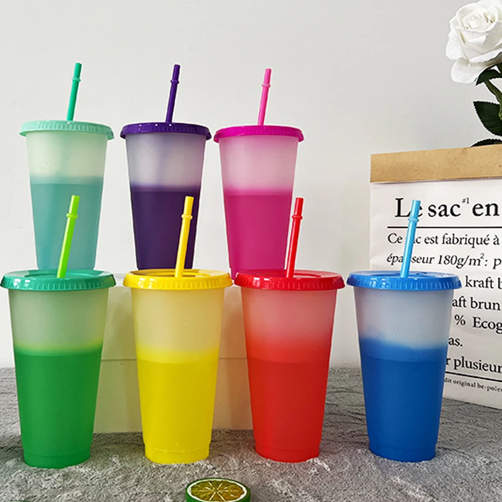 710ml Home Colorful Colour Changing Straw Cup Plastic Coffee Juice Cold ...