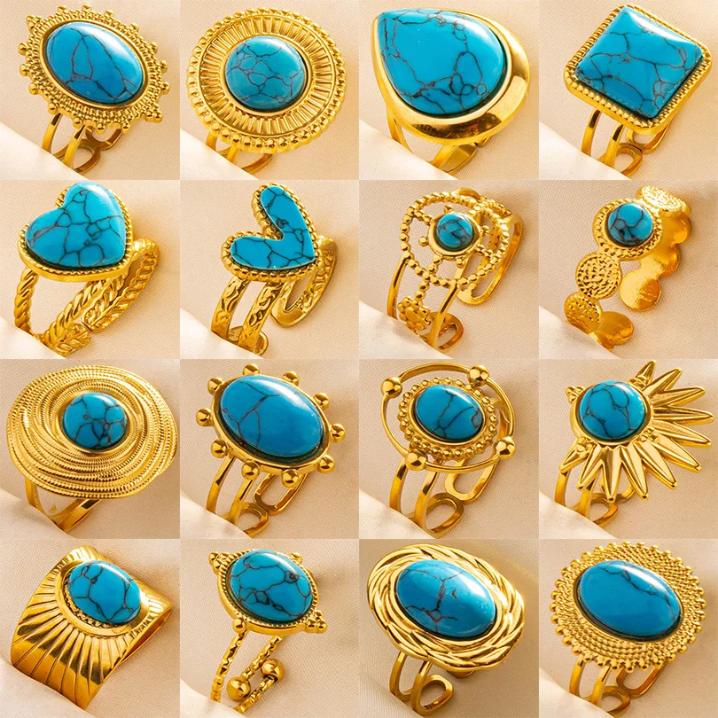 Fashion Gold Plated Bohemia Blue Stone Turquoise Open Ring Minimalist ...