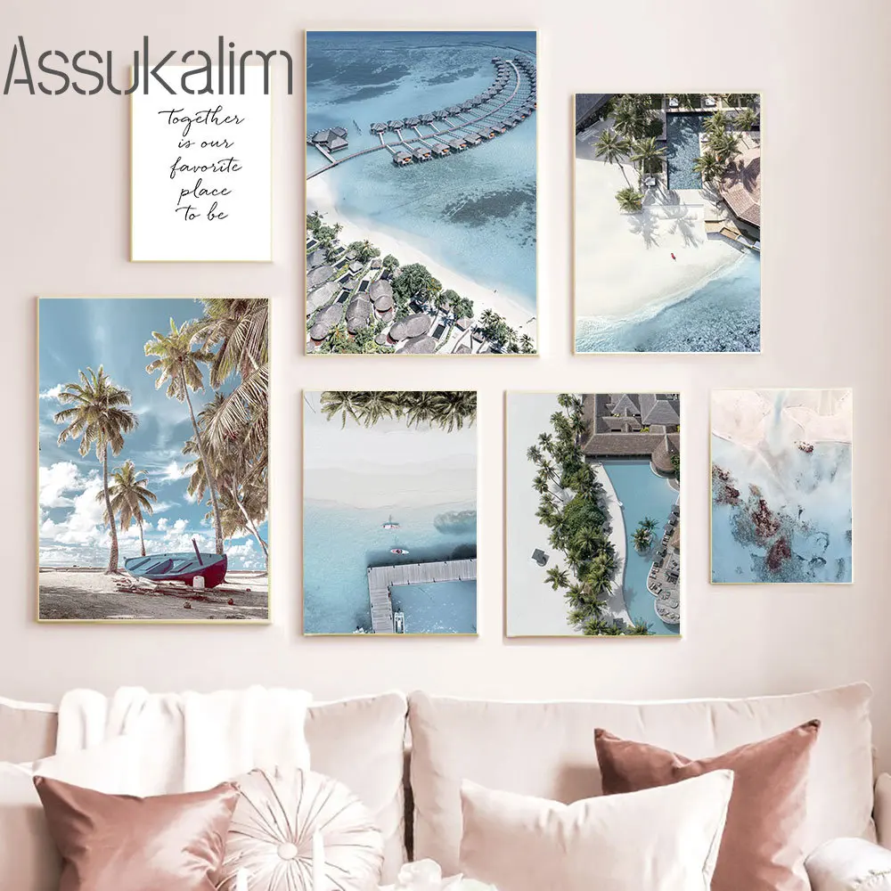 Pintura do mar cartaz da lona praia barco impressão imagens palmeira ...