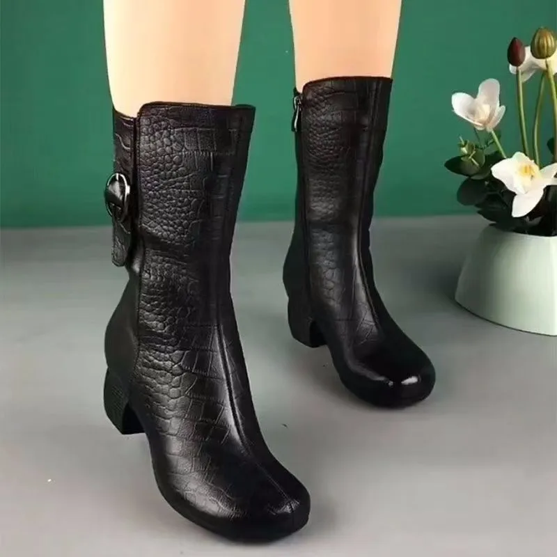 Botas femininas de couro macio, 2021 de cano médio, modelo britânico ...