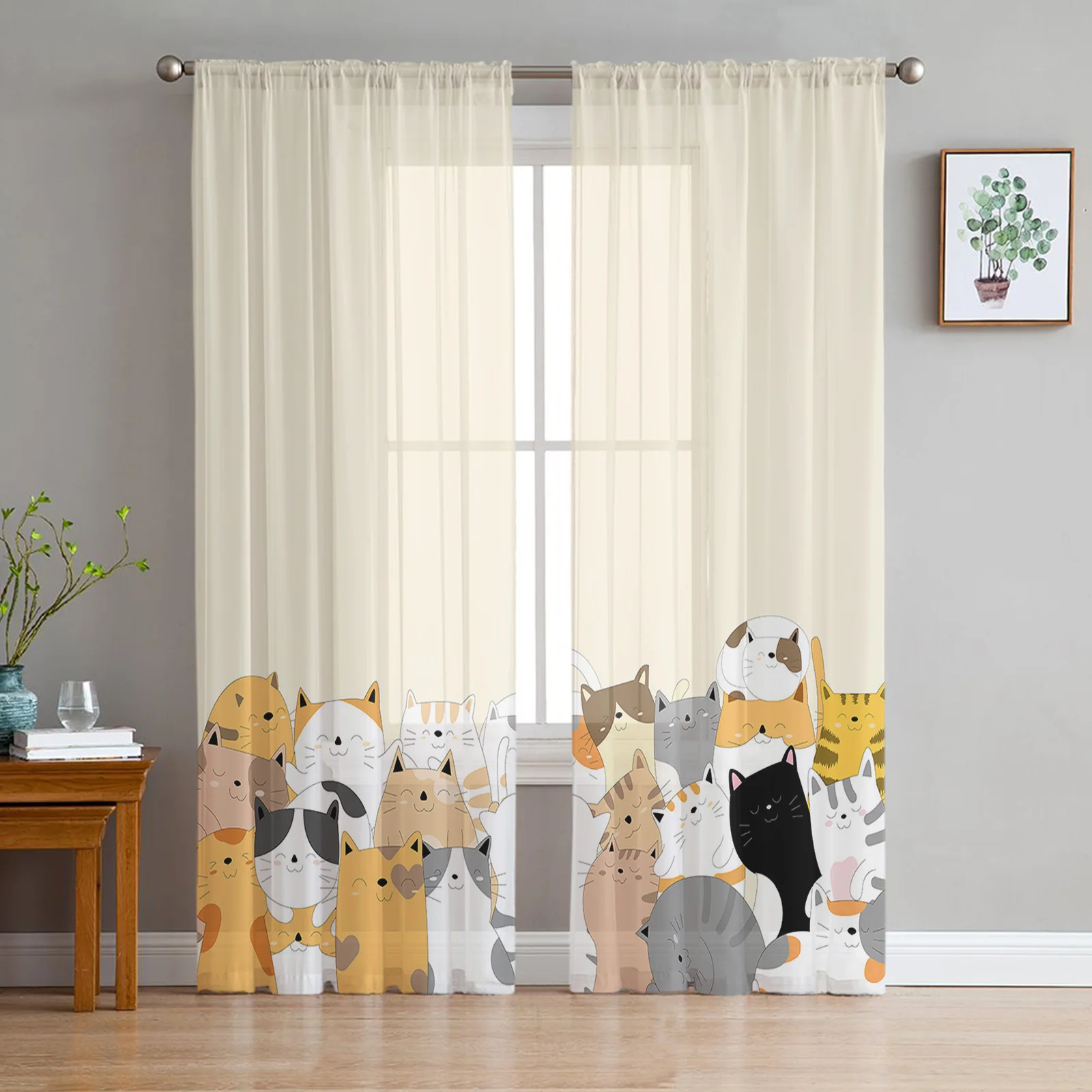 Animal Cat Sheer Curtains for Living Room Printed Tulle Window Curtain ...