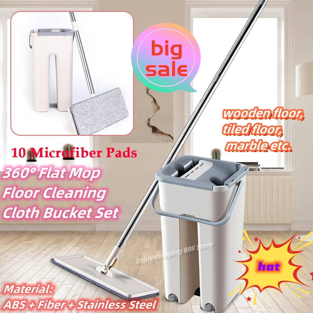 Flat-Mop-Floor-Cleaning-Mop-Cloth-Bucket-Set-With-Bucket-10-Microfibre ...