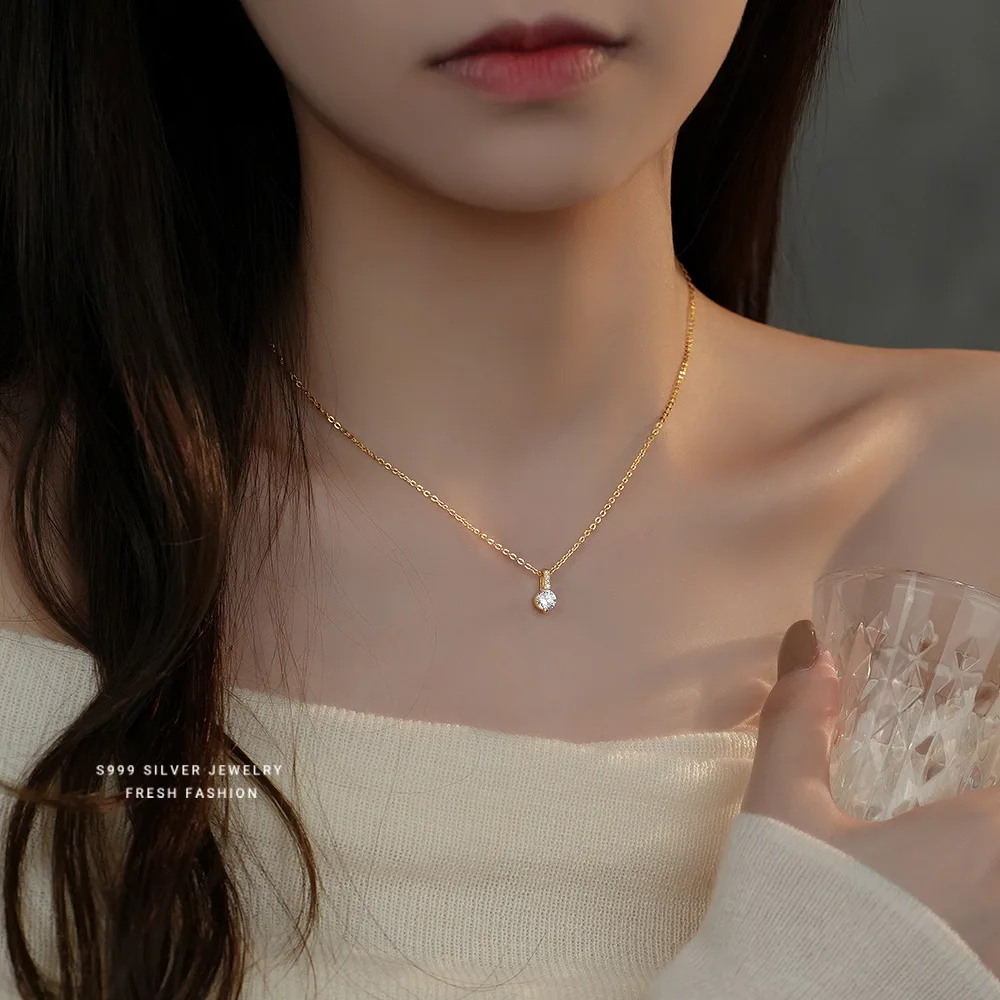 Girls-Real-999-Sterling-Silver-Necklace-Korean-Shiny-Zircon-Geometric-Pendant-for-Women-Wedding ...