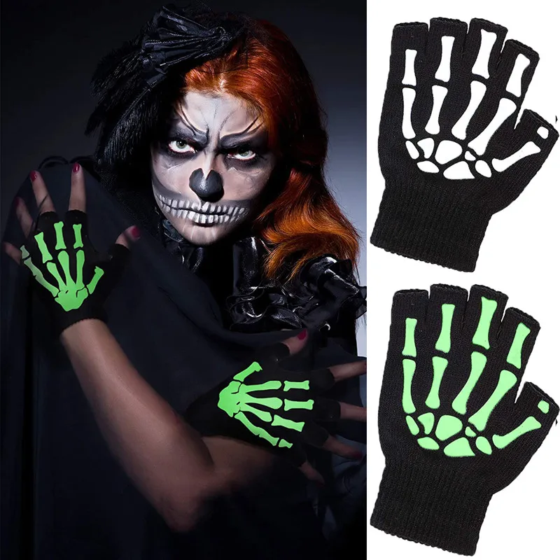 Halloween Skeleton Skull Half Finger Gloves Glow In The Dark Knitted ...