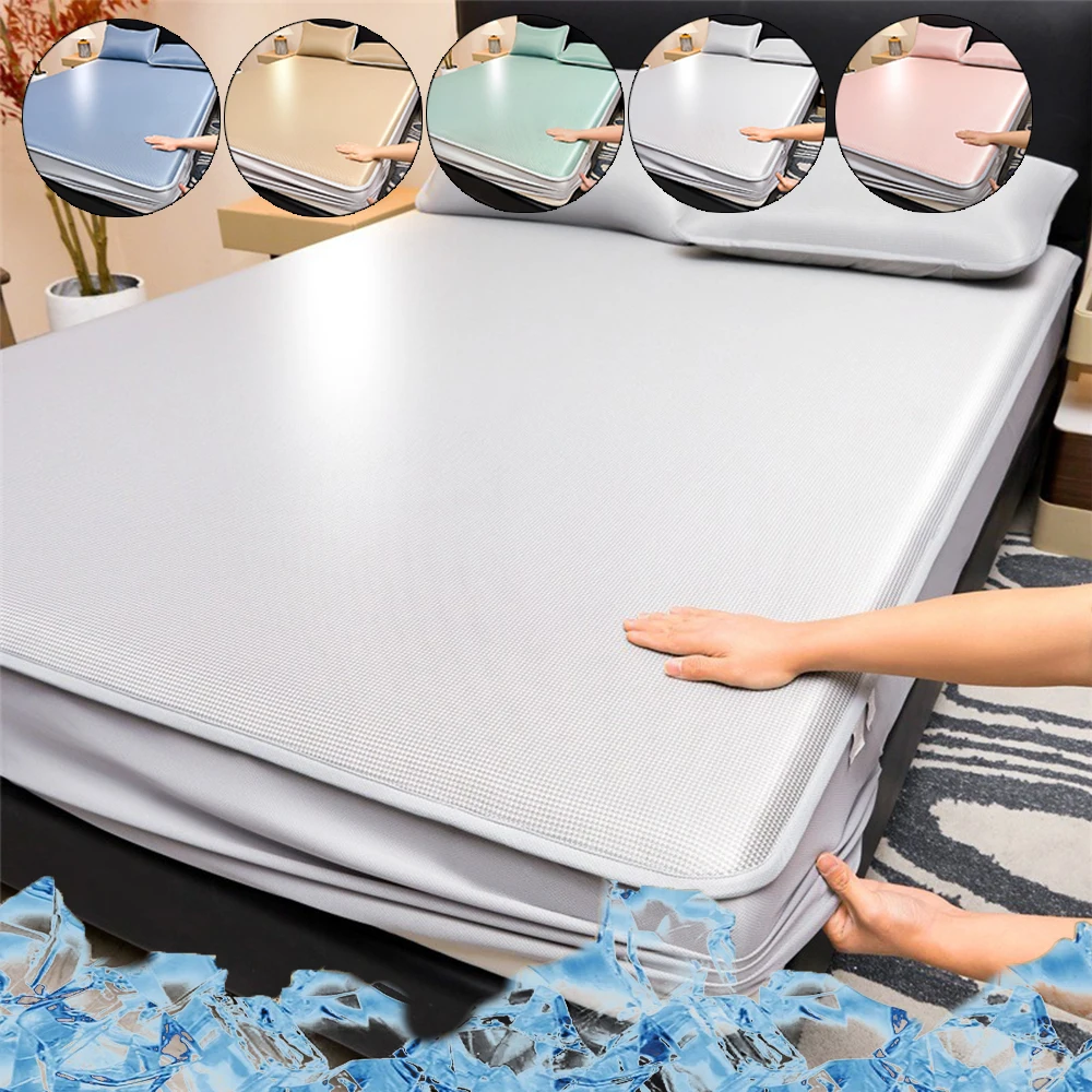 Colling Ice Silk Fitted Sheet Summer Bed Sheets King Elastic Band Non ...