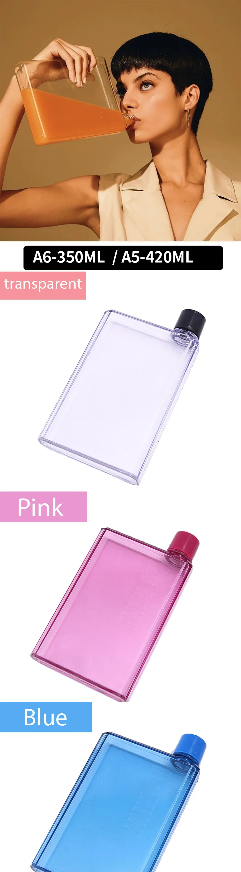 420ML - VERT - Bouteille d'eau portable A5, livre, tasse en papier, clair, clics plats ...