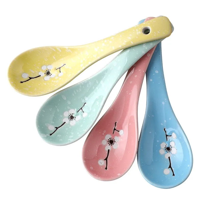 1PC Ceramic Spoon Cherry Blossom Pattern Beautiful Soup Spoon Cookware ...