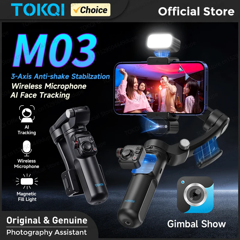 TOKQI M03 Handheld Gimbal 3-Axis AI Tracking Stabilizer with Wireless Microphone for Smartphones ...