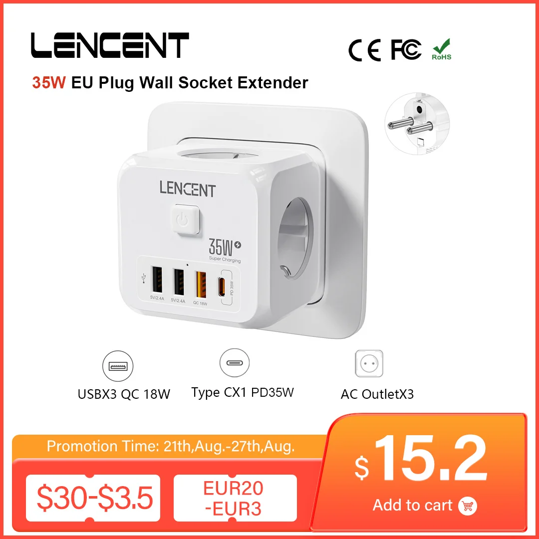 LENCENT EU Plug Power Strip Wall Socket with 3 AC+3 USB QC 18W +1 Type ...