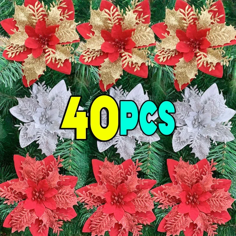 40PCS Artificial Glitter Christmas Flowers with Clips for Xmas Tree ...