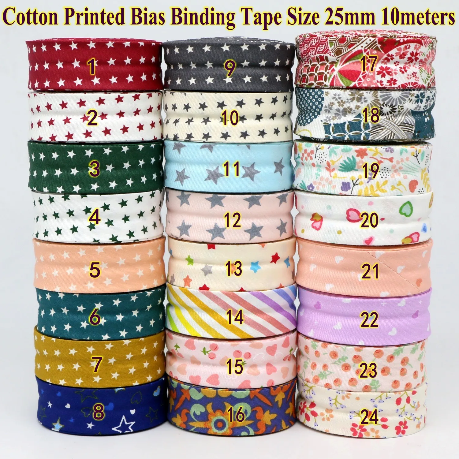 Cotton Printed Bias Binding Tape Size 25mm 2.5cm 1" stars Flowers Fold ...