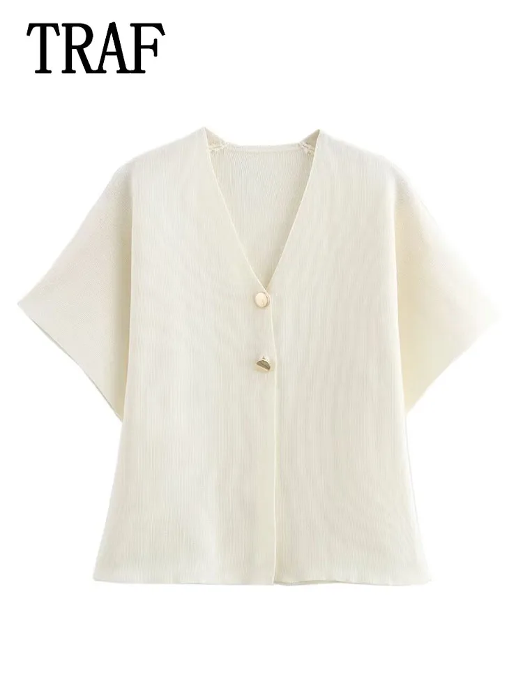 TRAF-Pull-l-gant-Manches-Courtes-pour-Femme-Haut-Col-en-V-Style-Doux ...