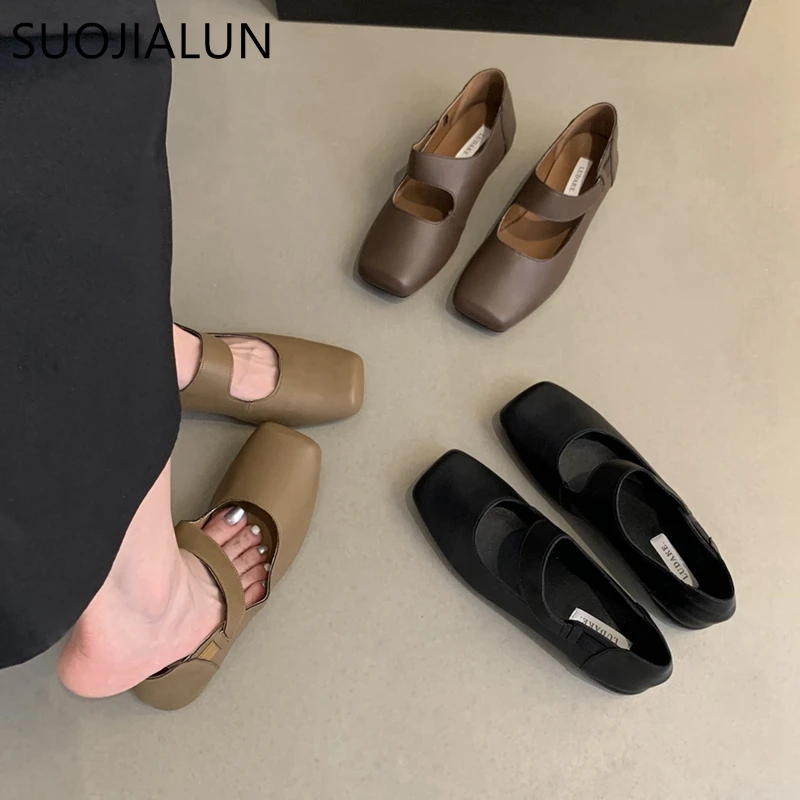SUOJIALUN New Brand Autumn Women Flat Shoes Fashion Square Toe Shallow ...