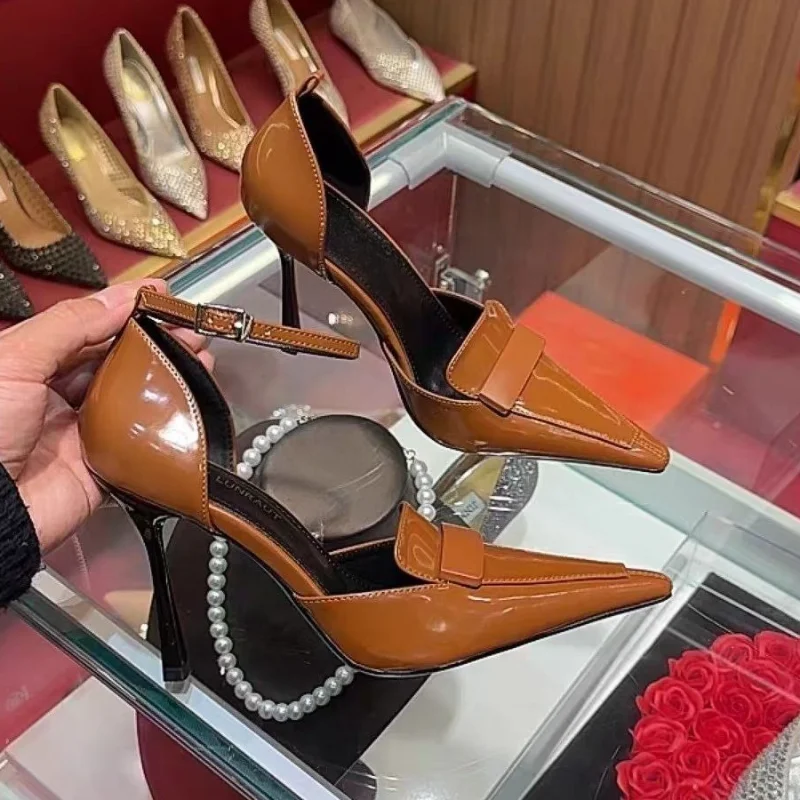 2025 New Metal Blade Pointed Toe Stiletto Heels Pumps Coffee Brown ...