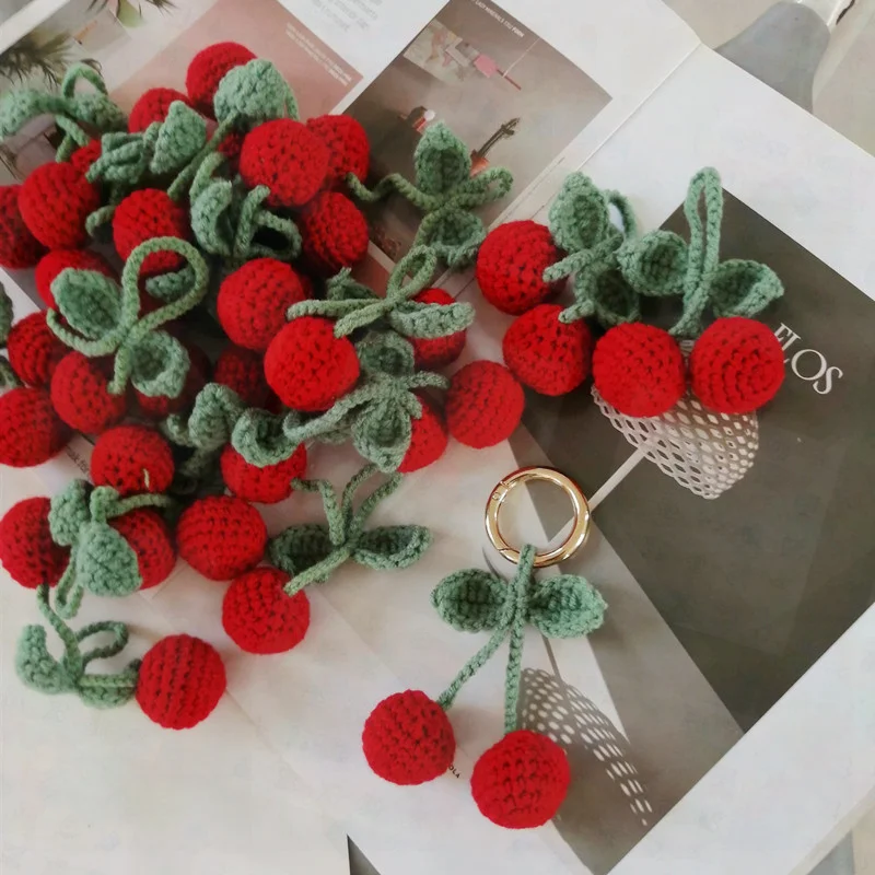 Handmade Cute Cherry Keychain For Women Creative Knitting Car Keychain ...