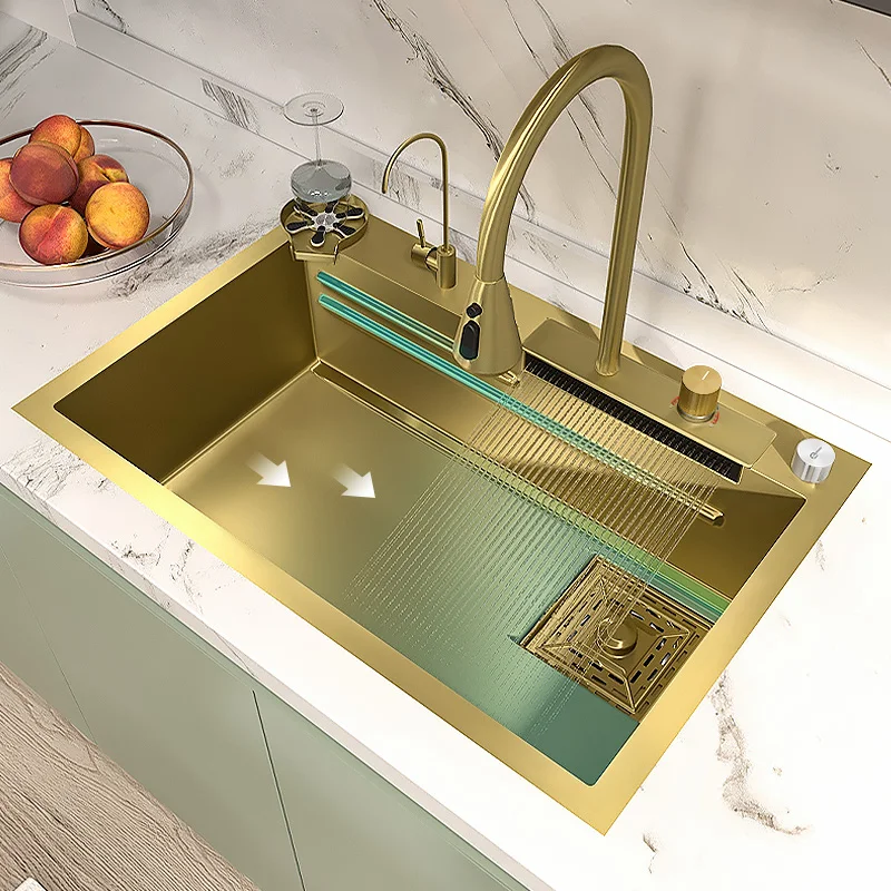 Golden-Stainless-Steel-Kitchen-Sink-Waterfall-Sink-Large-Single-Slot ...
